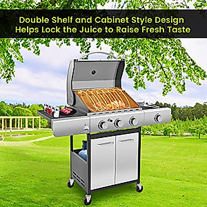 R.W.FLAME 34,000 BTU Propane Gas Grill with 3-Burner,BBQ Grill with Side Burner and Cast Iron Grates Stainless Steel Grill 486 sq. in Grilling Areas for Patio Garden Barbecue Camping,Silver