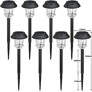 BEAU JARDIN 8 Pack Solar Landscape Lights Bright Pathway Outdoor Garden Stake Glass Stainless Steel Waterproof Auto On/Off White Solar Powered Decorative Lighting for Yard Patio Walkway Black BG319