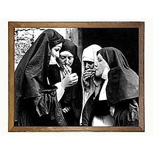 Vintage Funny Nuns Wall Art - Retro Humorous Room Decor - Black and White Decor for Bathroom, Kitchen, Bar, Dorm, Home Office - Cheap Gag Gifts for Women - Cool Edgy Indie Poster Photo Picture 8x10"