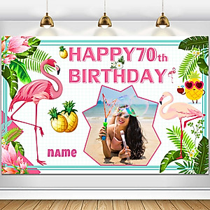 Custom Happy 70th Birthday Banner Flamingo Themed Party Decoration Backdrop Flamingo Banner Party Supplies Tropical Floral Photo Booth Hawaiian Themed Party Decoration for Luau Beach Party