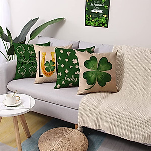 Fjfz St. Patrick's Day Luck Clover Decorative Throw Pillow Covers 18 x 18 Set of 4, Green Shamrock Horseshoe Holiday Porch Home Decor, Irish Lucky in Love Gifts Outdoor Sofa Couch Cushion Case