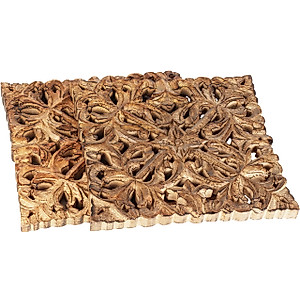 Wooden Set of 2 Square Trivet for Hot Dishes Plates & Pots Holder Hot Pad for Kitchen & Dining Table Décor Cookware Heat Resistant Rustic Decorative Carvings 8 Inches