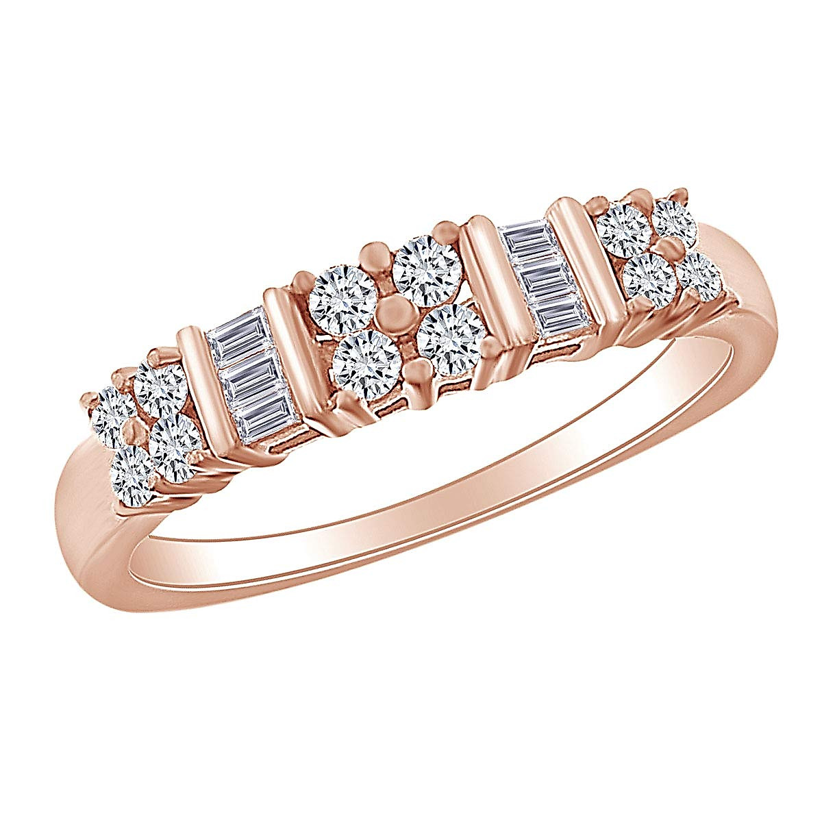 AFFY 1/4 Carat CT Baguette/Round White Natural Diamond Set Engagement Wedding Band Ring For Womens In 14k Solid Rose Gold (I-J Color, I2-I3 Clarity, 0.25 Cttw) Ring Size-6