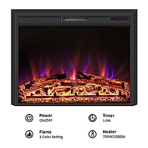 Psrimaster 28” Electric Fireplace Inserts with Remote Control, Touch Screen, Overheating Protecting, 3 Color Flame, 9H Timer, Indoor