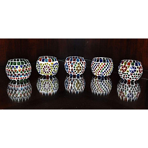Lalhaveli Wedding Home Garden Decoration Night Lighting Mosaic Glass Votive Tea Light Candle Holder Set of 5 Pcs (3X3 Inch)