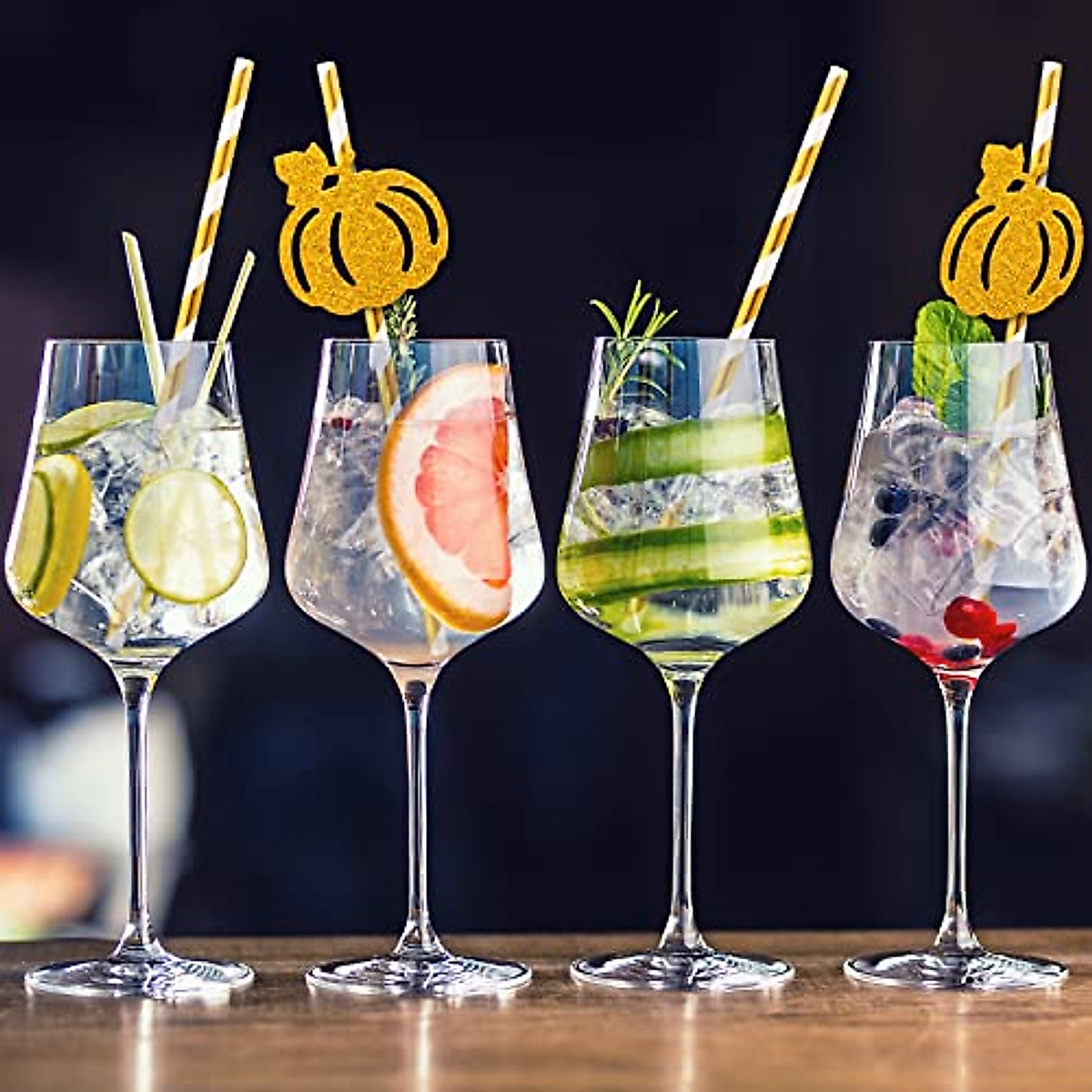 Whaline 50Pcs Thanksgiving Fall Pumpkin Paper Straws Glitter Gold Foil White Stripe Disposable Straws Fall Harvest Drinking Straws with Glue Points for Autumn Thanksgiving Wedding Party Table Decor