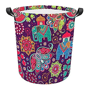 Colorful Flower Elephant Waterproof Laundry Baskets Bohemia Collapsible Laundry Hamper with Handles Large Round Toy Bin for Dirty Clothes,Kids Toys,Bedroom,Bathroom