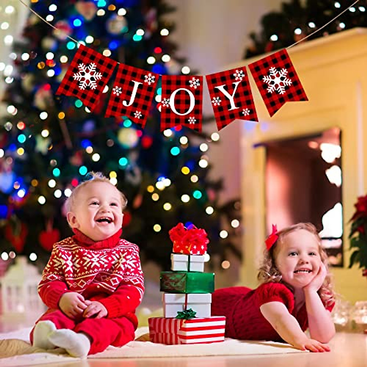 Plaid Christmas Joy Banner Cotton Burlap Christmas Rustic Bunting Banner for Christmas Hanging Decorations (Red)