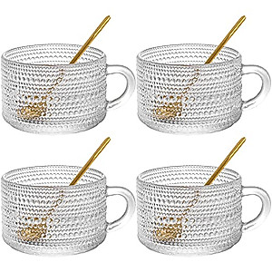 ZOOFOX Set of 4 Glass Coffee Mugs, 14 Oz Clear Glass Cups with Golden Spoons, Vintage Embossed Coffee Cups Set for Latte, Espresso, Cappuccino, Cereal, Yogurt, Tea and Hot Beverage