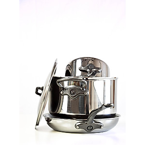 Mauviel M'Cook CI 5-Ply Polished Stainless Steel Sauce Pan With Lid, And Cast Iron Handles, 2.6-qt, Made In France