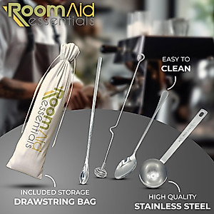 Stainless Steel Coffee Spoons - Beverage Mixing Spoons - Includes Long Iced Tea Stirring Spoon, Small Cocktail Stirrer, Blender Ball Swivel Stick, Coffee Scoop & Bag