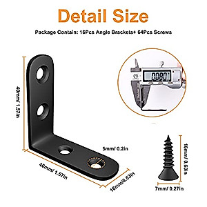 Blingstar L Bracket Stainless Steel Corner Brace 16 Pcs 1.57x1.57 Inch Joint Right Angle Bracket 90 Degree Corner Fastener for Wood Furniture Bedframe Cabinet Drawer Chair, with 64 Pcs Screws, Black