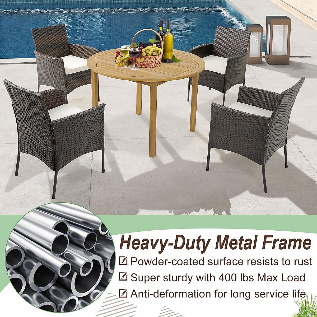 HAPPYGRILL Outdoor Rattan Chair Set of 4, Patio PE Wicker Dining Chairs with Soft Seat Cushions, Sturdy Metal Frame, Curved Armrests, Outside Rattan Armchairs for Balcony Porch Poolside