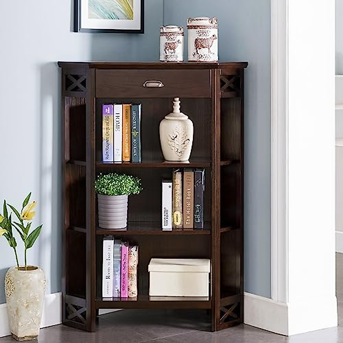 Leick Furniture Mantel Height 3-Shelf Corner Bookcase with Drawer Storage by Leick Home, Chocolate Oak