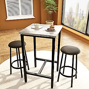 Lamerge Bar Table Set, Square Bar Table Set with Stool, Faux Marble Dining Table Set of 2, Pub Table and Chairs Set for Dining Room, 23.5inch Kitchen Table, White