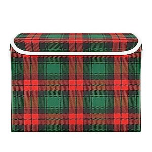 Ollabaky Christmas Plaid Larger Collapsible Storage Bin Fabric Decorative Storage Box Cube Organizer Container Baskets with Lid Handles for Closet Organization, Shelves