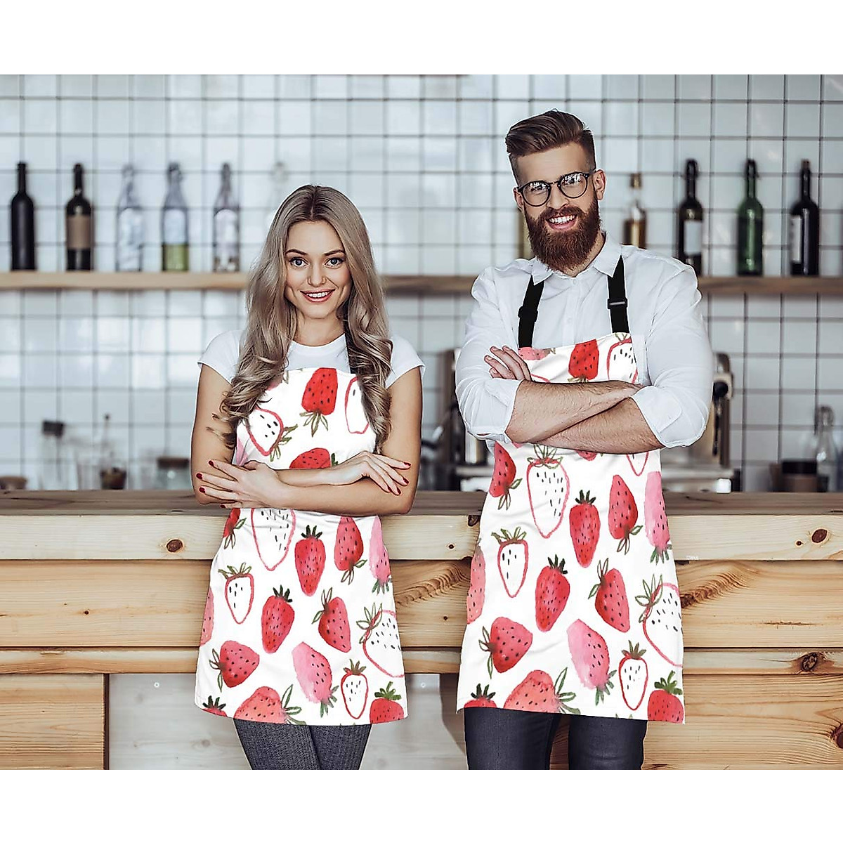 EKOBLA Strawberry Aprons Abstract Watercolor Hand Drawn Beautiful Fruit Fresh Sweet Spring Waterproof Resistant Chef Cooking Kitchen BBQ Adjustable Aprons for Women Men 27x31 Inch