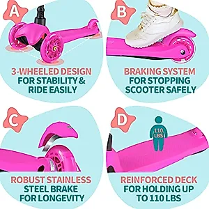 BELEEV A1 Scooter for Kids Ages 2-6, 3 Wheel Scooter for Toddlers Girls Boys, PU Light-Up Wheels, 4 Adjustable Height, Lean to Steer, Non-Slip Deck, Three Wheel Kick Push Scooter for Children (Pink)