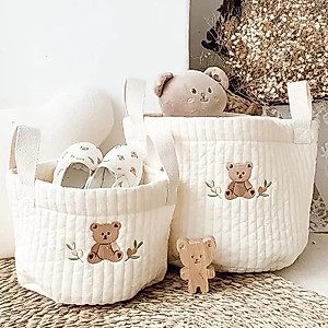 GoBabyMart 2-Piece Set Decorative Bear Storage Diaper Caddy with Handle for Baby Nursery Basket Toy Storage Bins Laundry Basket for Towels Blanket Socks, Baby Shower Organizer Basket (Single Bear)