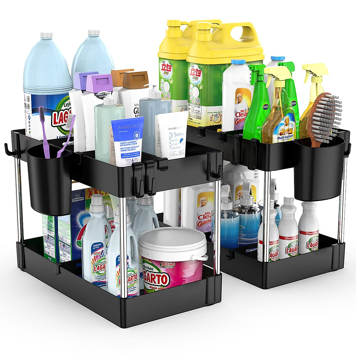 [ 2 Pack ] Under Sink Organizers and Storage, 2 Tier Bathroom Organizer Under Sink Shelf with 4 Removable Dividers , Kitchen Cabinet Storage Caddy Bath Counter Basket with Hooks Dividers Hanging Cups