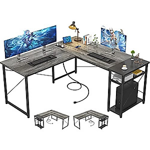 Ecoprsio L-Shaped Desk with Power Station and USB, Large L Shaped Gaming Desk with Storage Shelves Industrial Corner Desk Writing Study Table for Home Office Gaming Workstation, Oak and Black