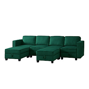 Lepfun 116'' Modular Sectional, U-Shaped Velvet, Minimalist Convertible Modern 6-Seat Couch with Chaise Ottomans Living Room Sofa Sets for Office Apartment (Green)