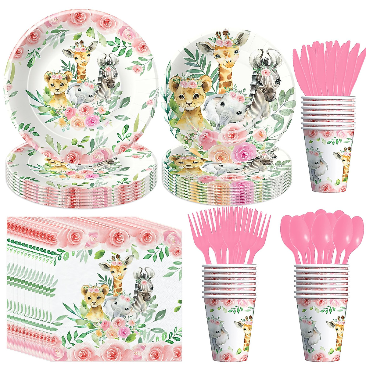 HIPVVILD Safari Baby Shower Decorations Tableware Girl - Jungle Theme Party Supplies, Paper Plate, Cup, Napkin, Disposable Cutlery, Wild Animal Birthday Baby Shower Party Decorations | Serve 24