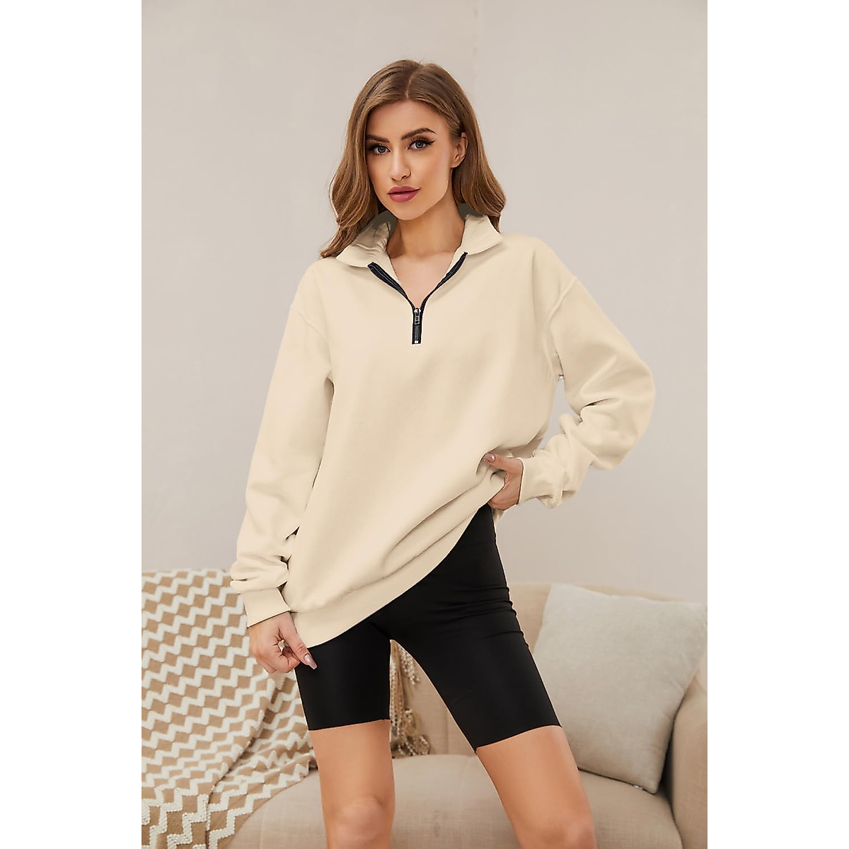 Meladyan Women's Half Zip Sweatshirt Oversized Long Sleeve Collar Drop Shoulder Solid 1 / 4 Zipper Pullover Coat, Apricot, Medium