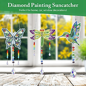 3 Pieces DIY Diamond Painting Suncatcher Wind Chimes, 5D Double Sided Hanging Diamond Art Wind Chime Painting Ornaments with Crystal Pendant for Home Garden Decoration Adults Kids Gift