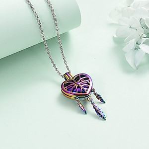 shajwo Dream Catcher Urn Necklace Heart Cremation Jewelry for Ashes for Women Men Angel Wing Flower Memorial Hollow Pendant,Full Rainbow