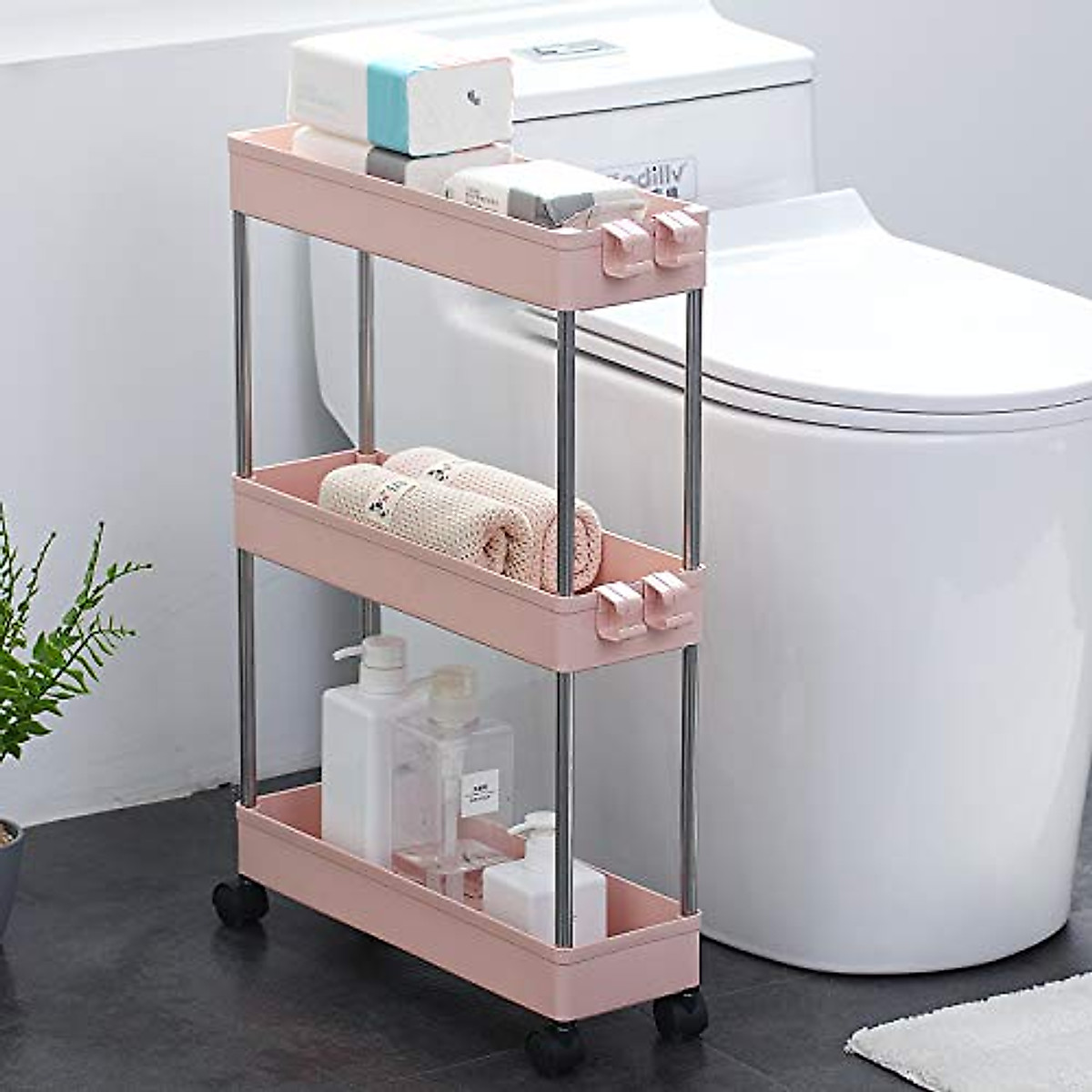 DILUOOU 3 Tier Slim Storage Cart, Mobile Shelving Unit Organizer Slide Out Rolling Storage Racks with Wheels, for Kitchen Bathroom Laundry Room Narrow Places，Pink