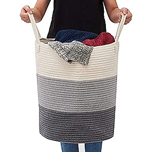 EZOWare Large Cotton Rope Storage Basket, Soft Woven Laundry Hamper with Handles for Bathroom Nursery Closet - Gradient Gray, 15 x 18 inch