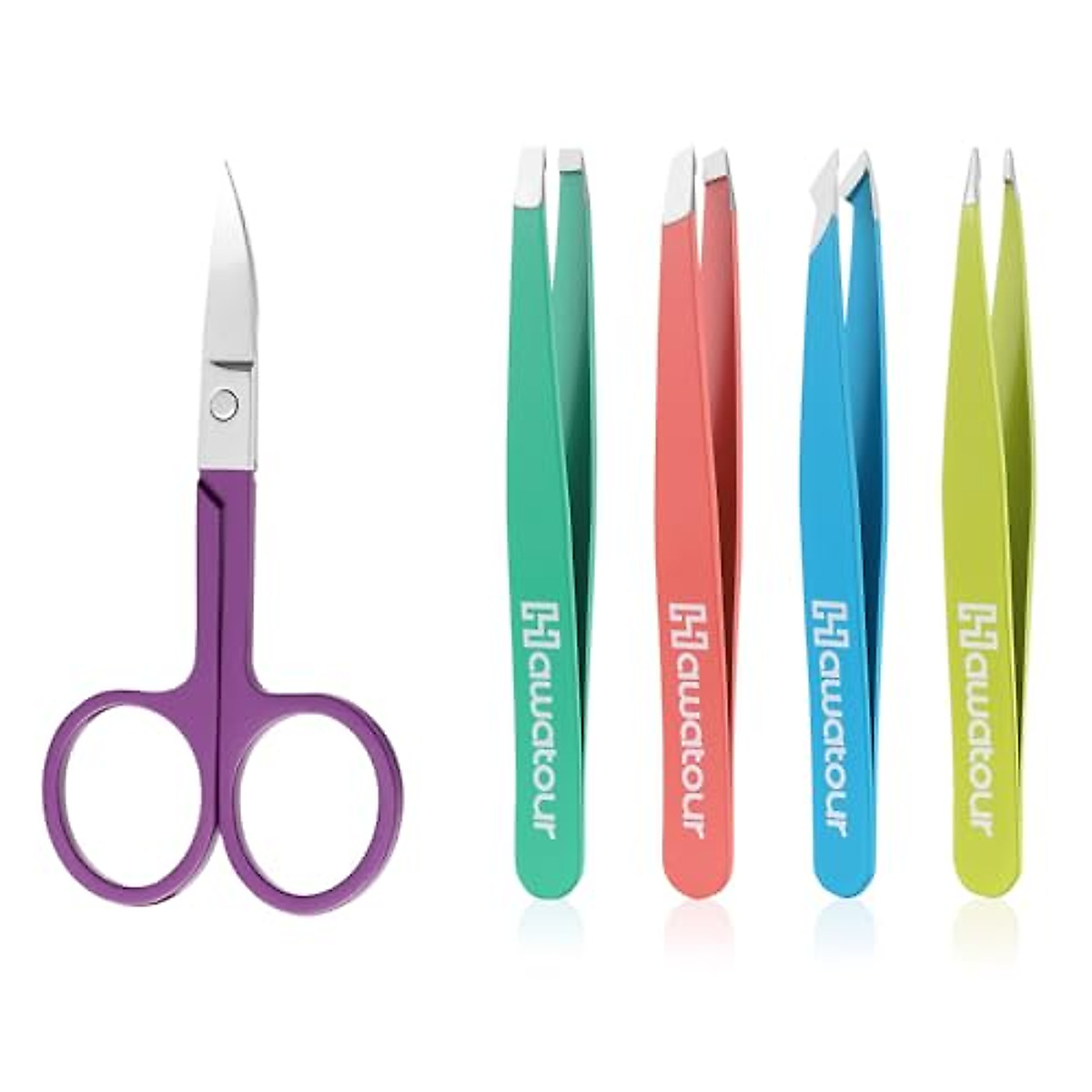HAWATOUR Eyebrow Tweezers Set, 4Pcs Tweezers and a Pair of Scissor, Great Precision for Eyebrow Hair, Ingrown Hair, Facial Hair Removal, Multicolored