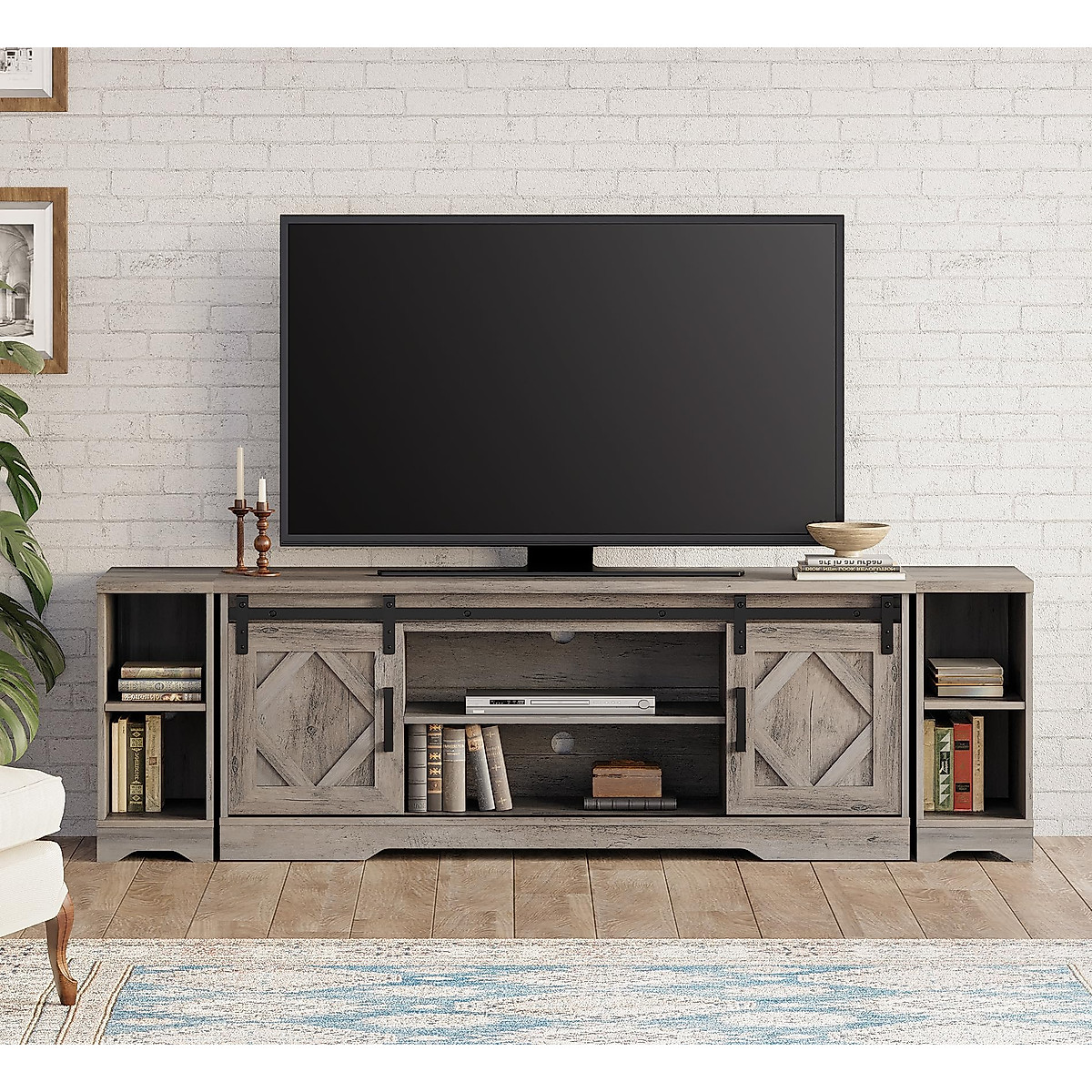 WAMPAT Modern Farmhouse 3 in 1 TV Stand for up to 85" TVs Wood Entertainment Center with Open Storage for Living Room,Washed Grey