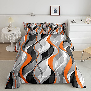 Orange Grey Black Stripes Comforter Set Full Size Kids Geometric Comforter for Boys Teens Geometry Bedding Set Modern Striped Art Abstract Art Duvet Set Room Decor Quilt Boys