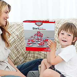 Ynanimery Transformation Robot,5 in 1 Deformation Robot Toy for Kids, Take Apart Robot Composed of Construction Toy Truck for Boys Age 4 5 6 7 8-12 Year Old, Kids STEM Building Gift,Red