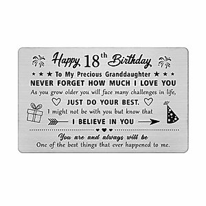 FALOGIJE 18th Birthday Card Gifts for Granddaughter, Birthday Gifts for 18 Year Old Granddaughter, Engraved Metal Wallet Card