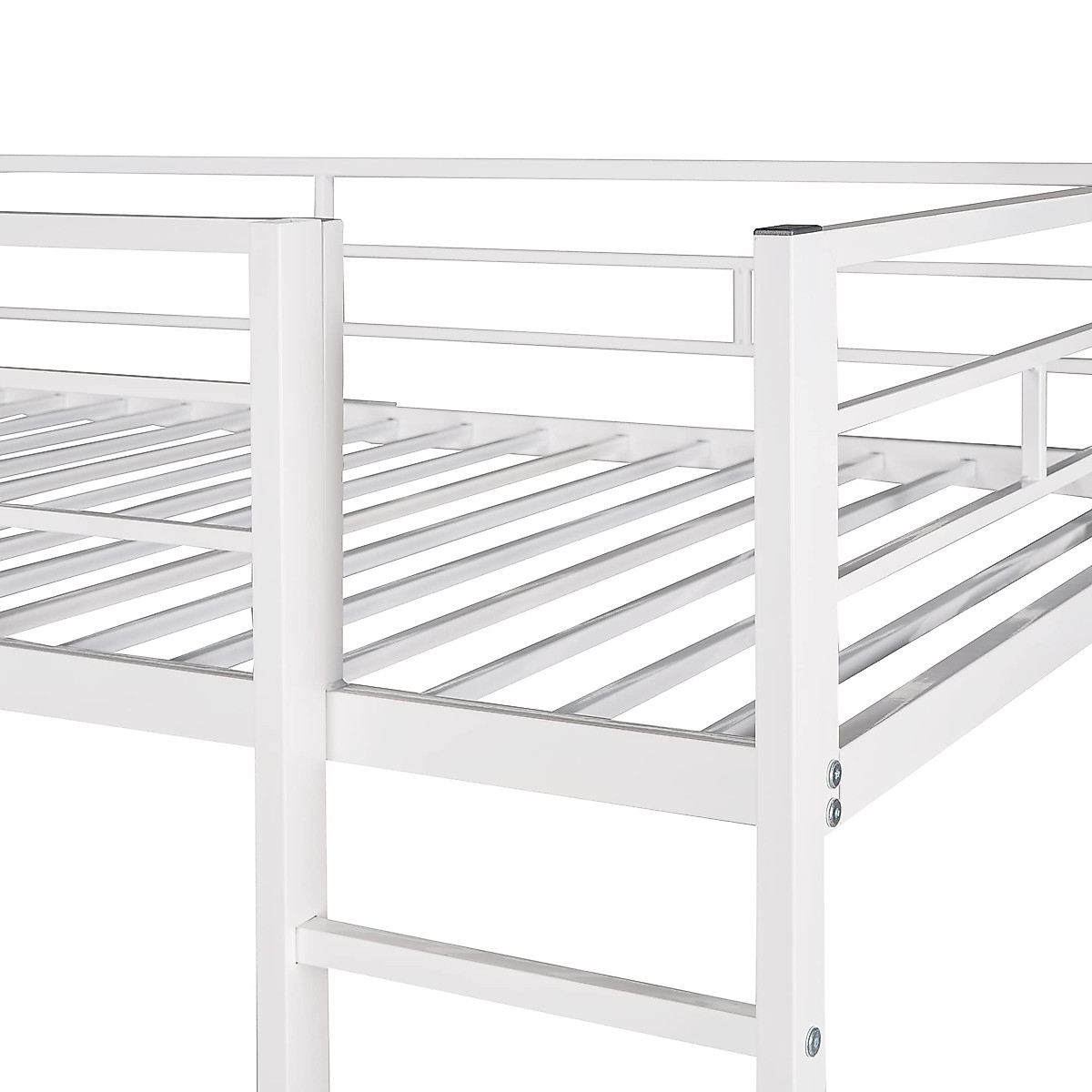 Merax Twin Size Metal Loft Bed with Built-in Desk, 2 MDF Shelves, Full-Length Guardrail and Ladder, Twin Size High Loft Bed, White