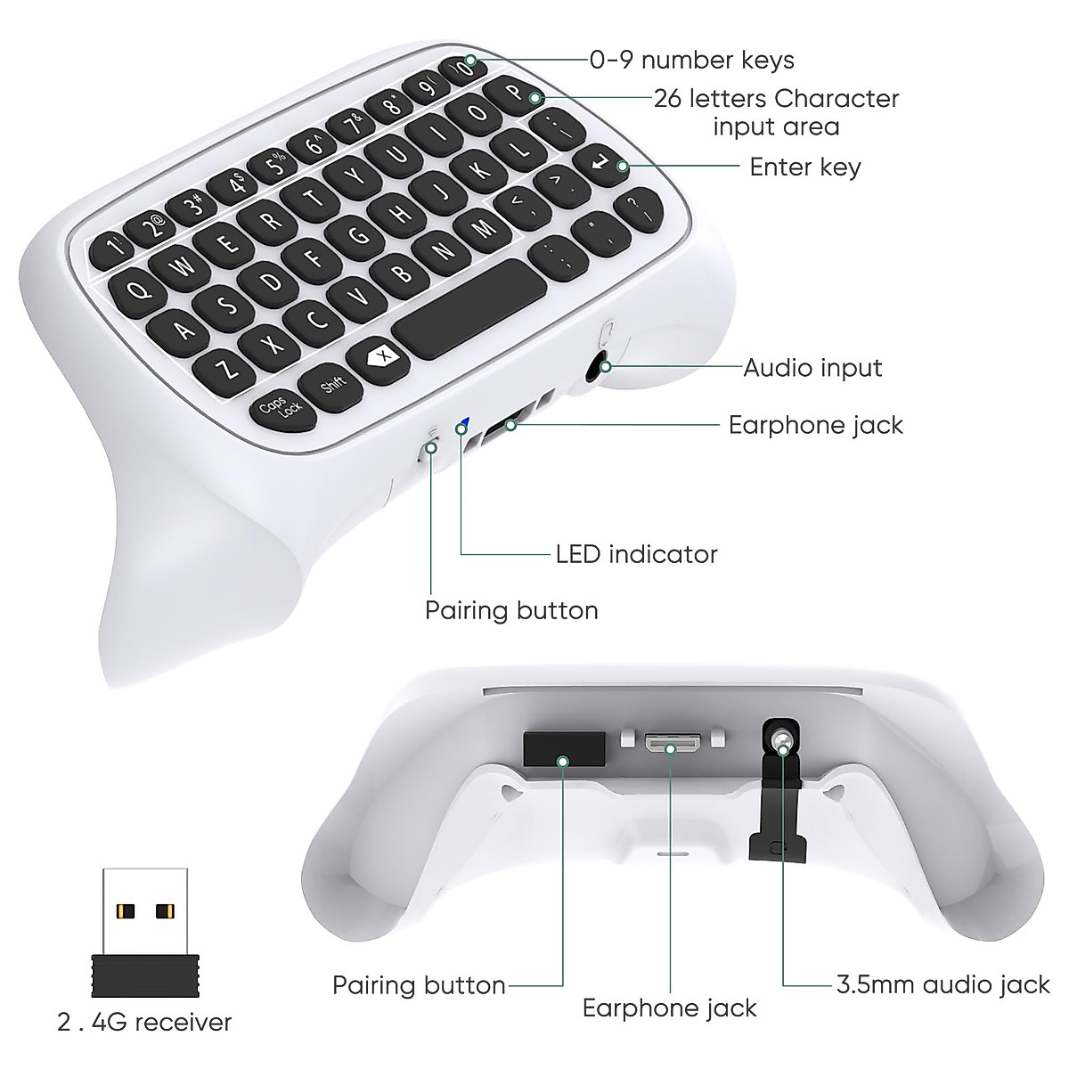 Controller Keyboard for Xbox Series X/S, Wireless 2.4G Ergonomic USB Gamepad Keypad QWERTY Chatpad with Audio and Headset Jack for Game Live Chat Compatiable with Xbox Series S/Series X/One/One S