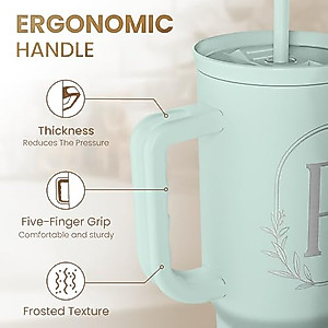 SANDJEST Stainless Steel Tumbler 40oz with Handle Initial P and Canvas Tote Bag