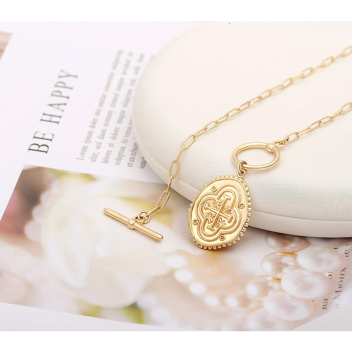 POTESSA 18k Gold Cross Medallion Pendant Necklace for Women Paperclip Chain Vintage Toggle Necklace Catholic Jewelry Mother's Day Gift 18"