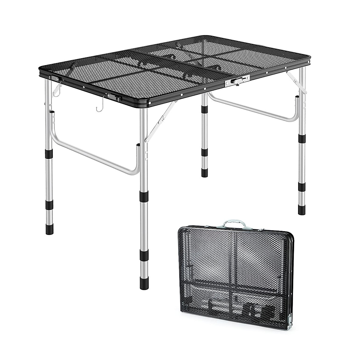 Sportneer Grill Table for Outside, 3ft(L) x 2ft(W) Height Adjustable Camping Table Lightweight Aluminum Folding Portable Metal Folding Outdoor Grill Table for Camping Cooking BBQ RV Picnic (Black)