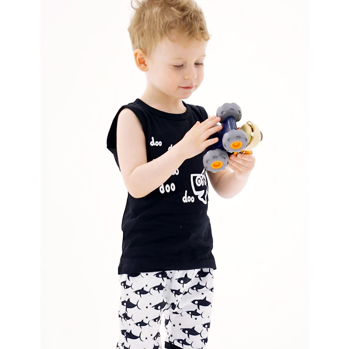 Kids4ever Baby Boys Summer Clothes Sets 12-18 Months Toddlers Boy Black and White Shark Sleeveless Shirt Tops + Fish Short Pants Child 3d Printed Doo Doo Letters Hawaiian Beach Board Shorts