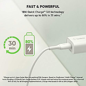 Belkin Quick Charge Charger (Qualcomm Quick Charge 3.0 Charger, USB Charger for Quick Charge Devices, Note9, S9, S8, S7, S6, More) USB Wall Charger, White, WCA001dqWH