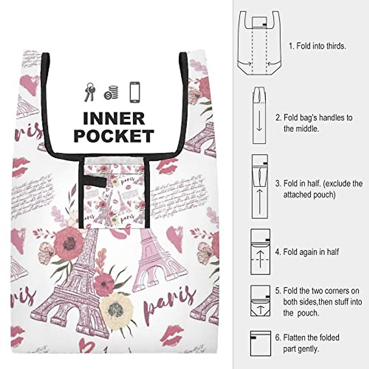 Paris Eiffel Tower Printed Reusable Grocery Bag with Handle Foldable Shopping Tote Bags Portable for Supermarket Camping