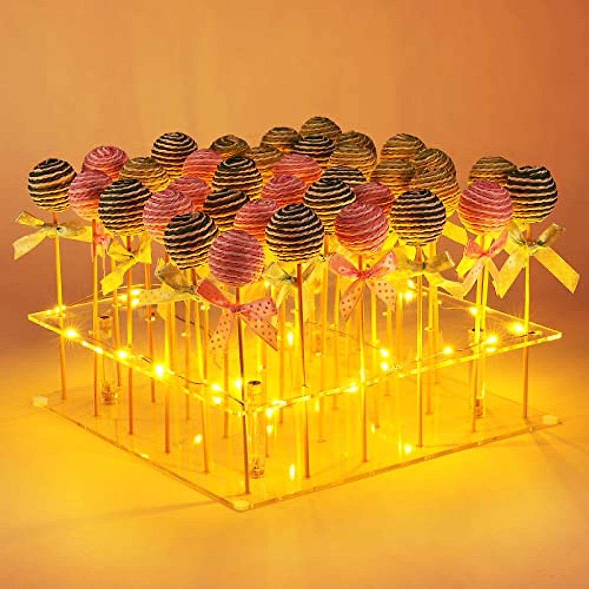 Acrylic Cake Pop Display Stand, ANMEISH 36 Hole Clear Lollipop Holder with LED String Lights, Ideal for Weddings Baby Showers Birthday Party Anniversaries Holiday Candy Decorative (Yellow Light)