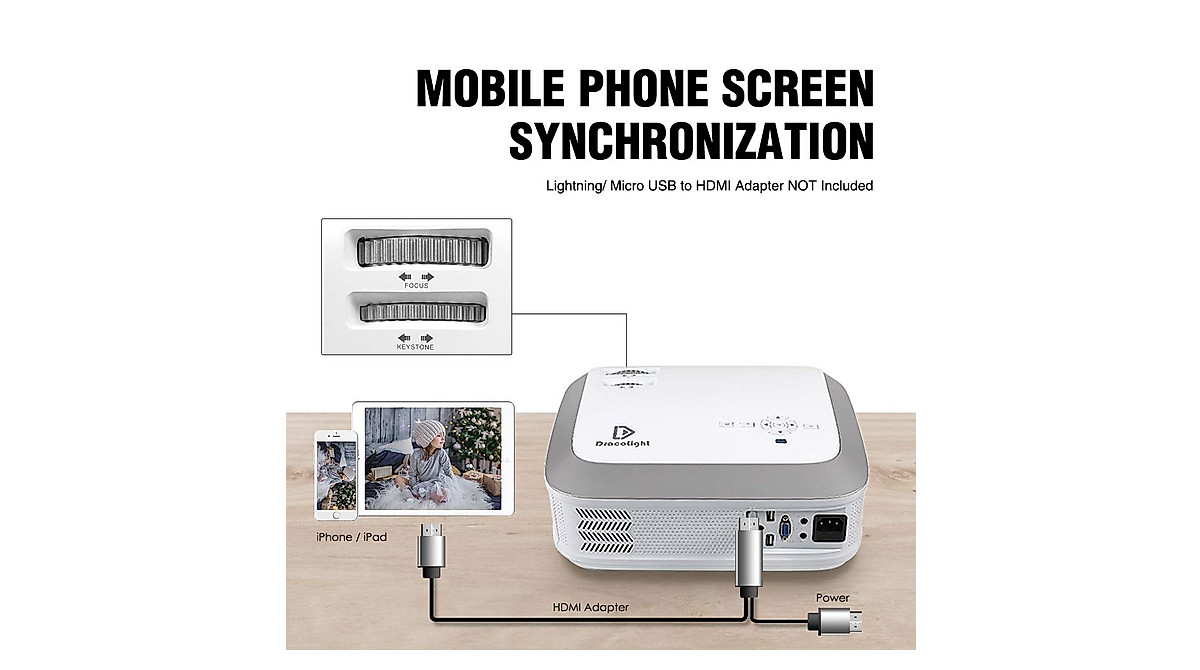 DracoLight 2020 Video Projector - Bright 6000 Lux, 1080P HD, Long Lamp Life