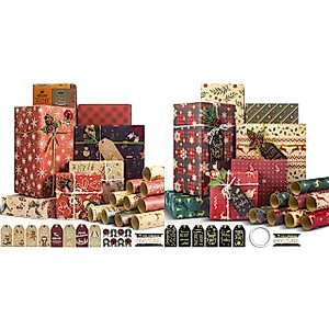 Larcenciel Christmas Wrapping Paper w/Christmas Gift Tags, Santa Claus Stickers & Ribbons, 10 Pcs Xmas Gift Wrapping Paper, Kraft Vintage Wrapping Paper, Brown Gift Wrap for Chrimas, Holiday, New Year