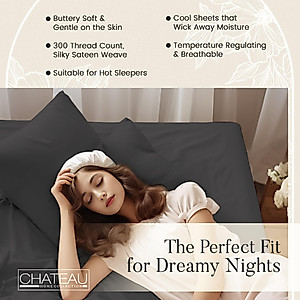 100% Organic Cotton Twin Sheet Set & Standard Pillowcases Set of 2 Combo- 300 Thread Count Long Staple Cotton Sheets,3 Pc Twin Size Sheets & Standard Pillowcases, Sateen Sheets, Breathable - Charcoal