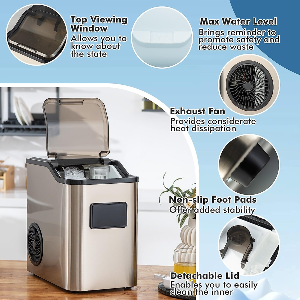 DORTALA Nugget Ice Maker Portable Ice Maker Countertop w/Self-Cleaning, 2 Ways Water Refill, 12H Appointment Function, 60 Lbs/24H, Stainless Steel Ice Machine for Home, Party, Bar, Office